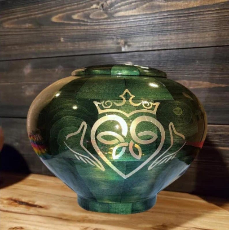 Irish Urn With Gold Claddagh - Cremation Urn / Green Urn / Celtic Urn ...