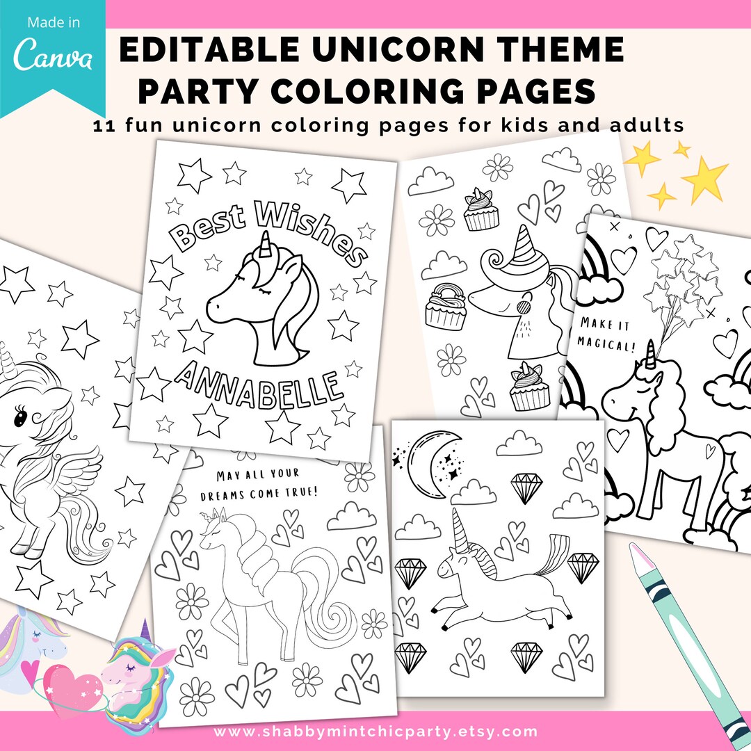 Editable Unicorn Party Coloring Pages for Kids and Adults. Easily Edit ...