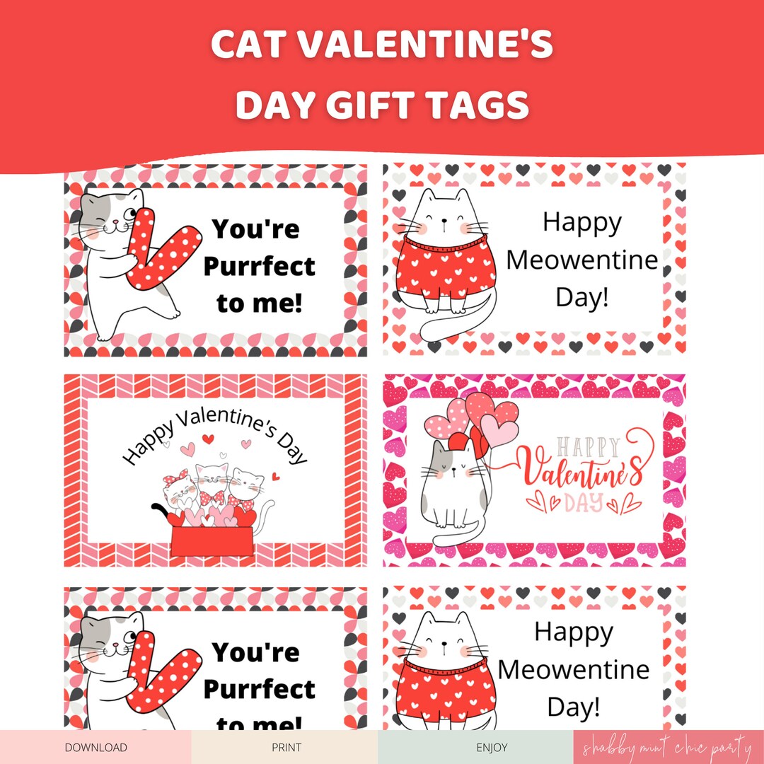 PRINTABLE Valentine's Day Tags for Kids, Cat-themed Vday Gift Tags ...