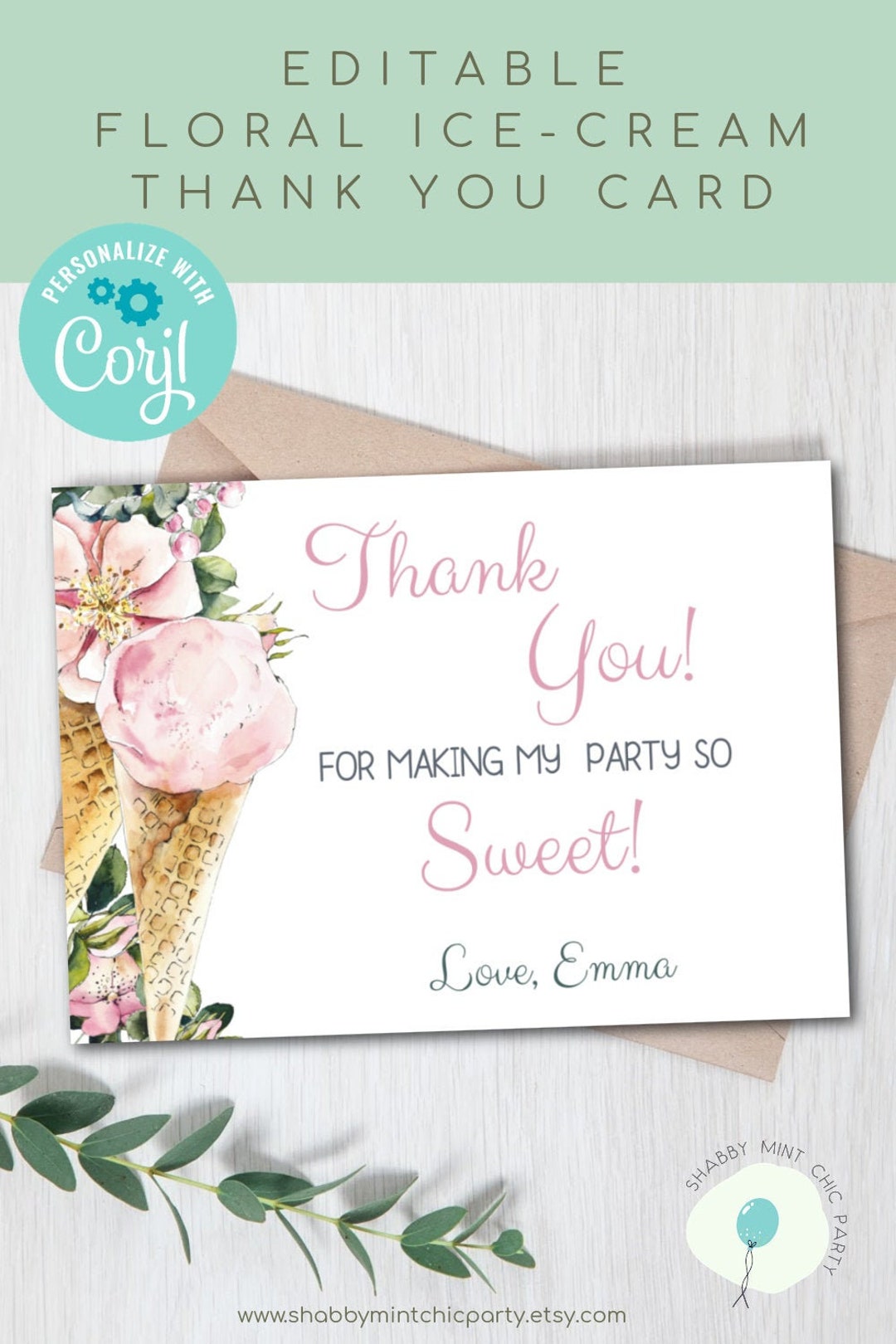 Editable Ice Cream Thank You Card: Floral Party Theme (digital Download ...