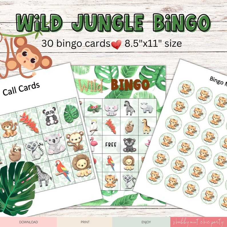 Printable Jungle Bingo Game, Wild Animal Party, Party Games for Kids ...