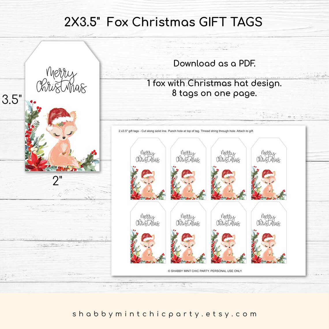 PRINTABLE Christmas Gift Tags Fox Design Print Yourself | Etsy