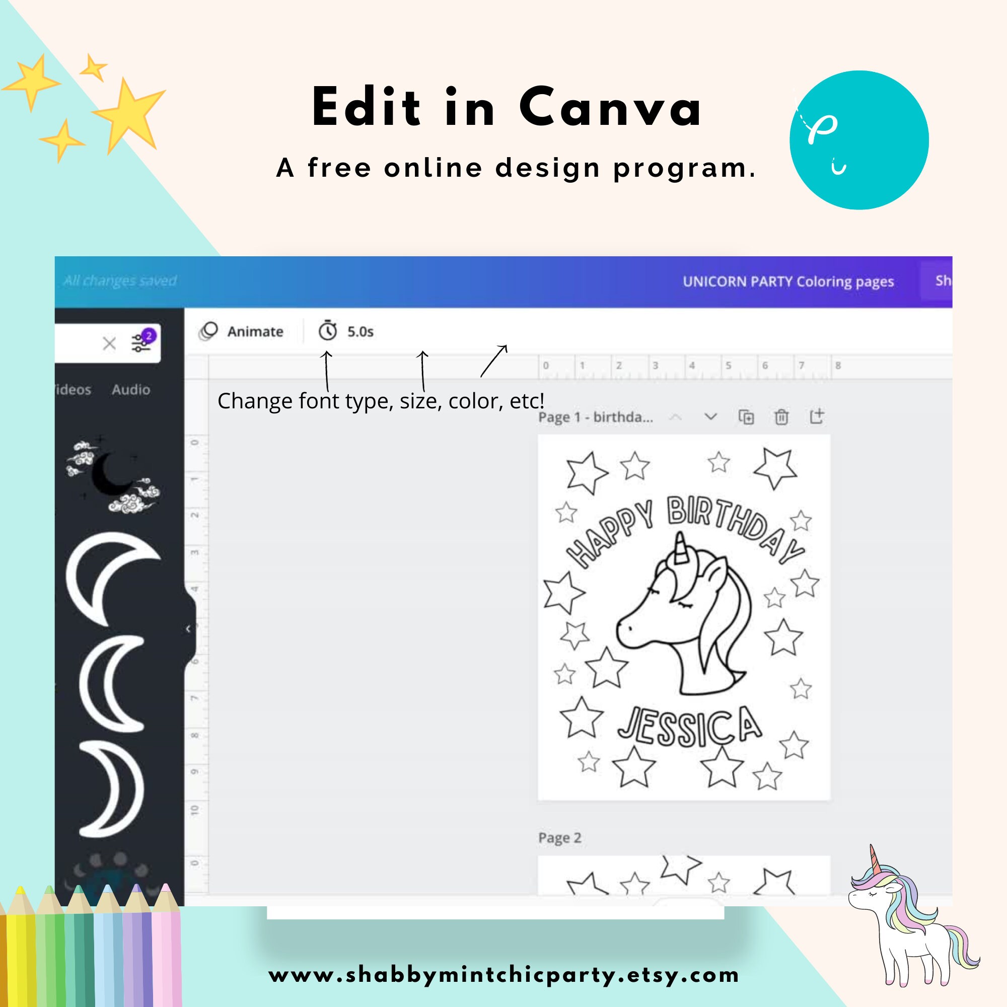 Editable Unicorn Party Coloring Pages for Kids and Adults. Easily Edit ...