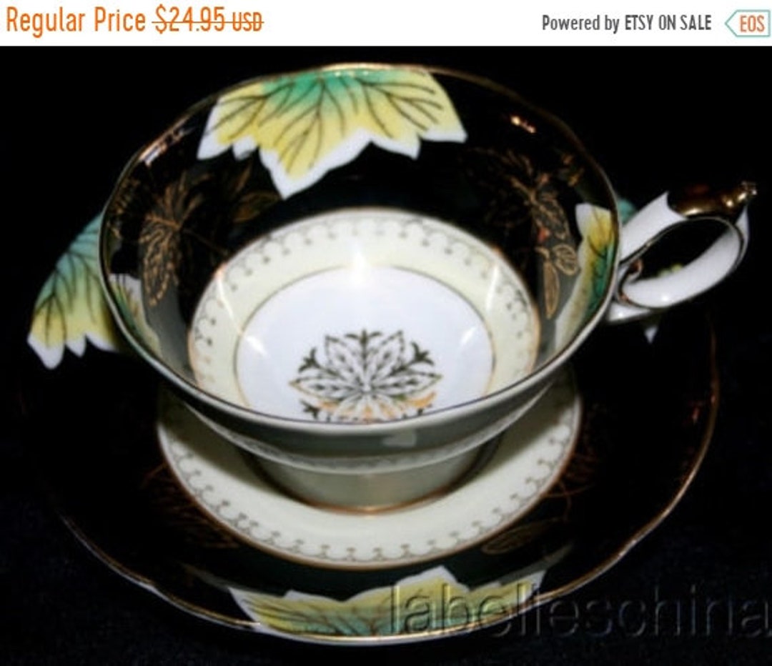 Shafford Vintage Tea Cup and Saucer Green Leaf Heavy Gold Gilt Teacup ...