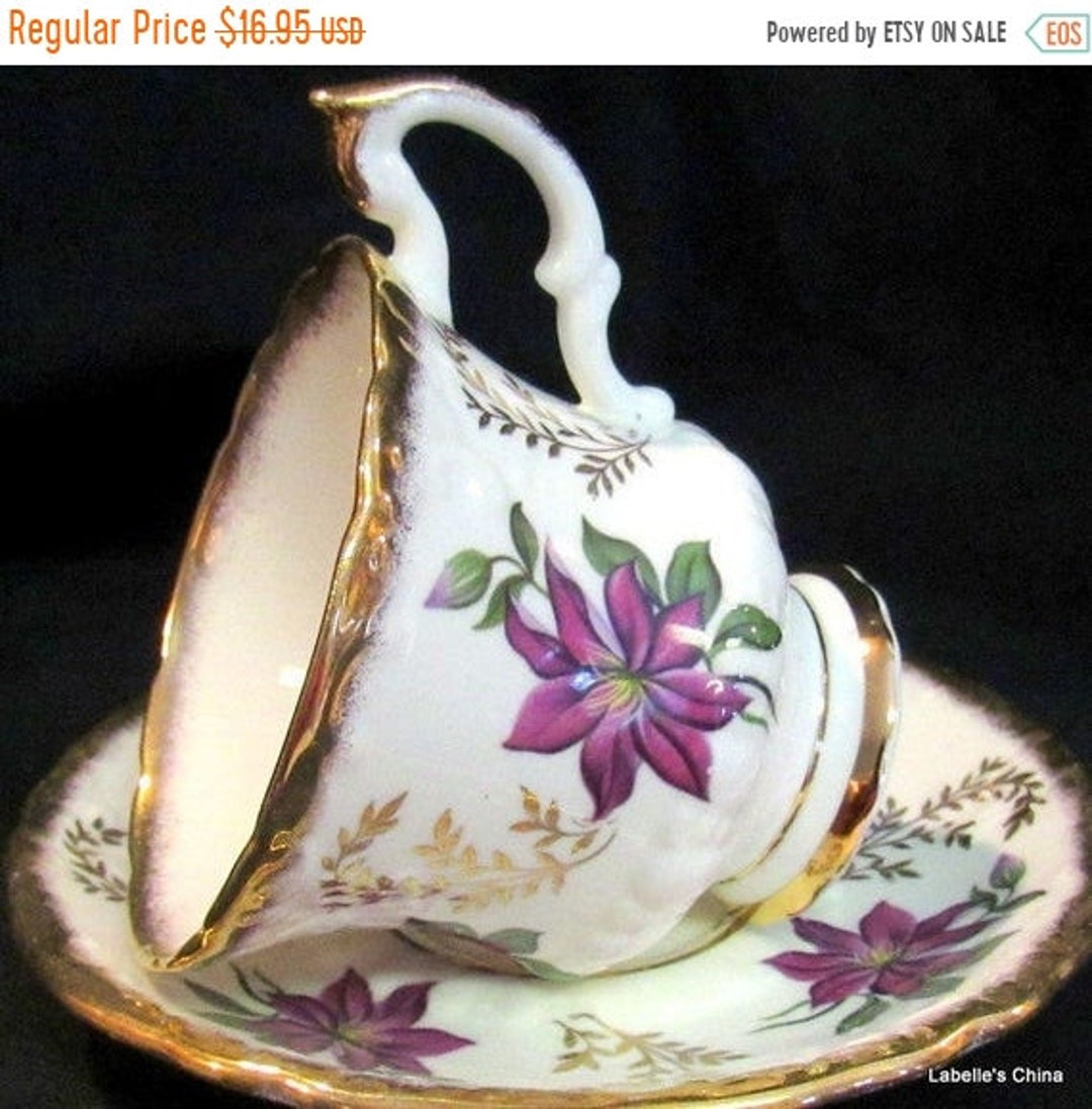 Royal Castle Tea Cup and Saucer Set Brushed Gilt Molded Purple Flowers ...