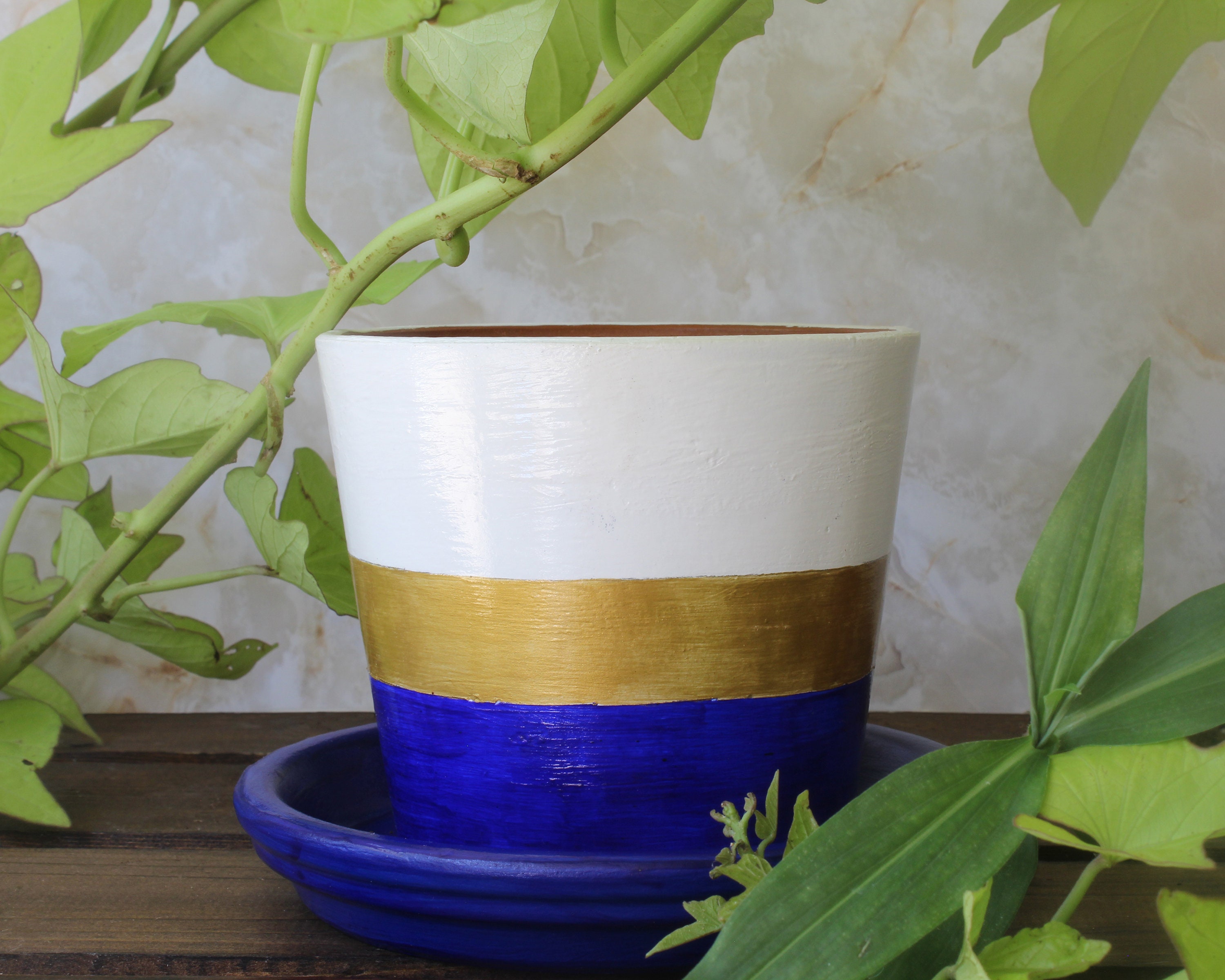 Painted Flower Pot/Planter/Plant Pot Blue White and Gold 4 | Etsy