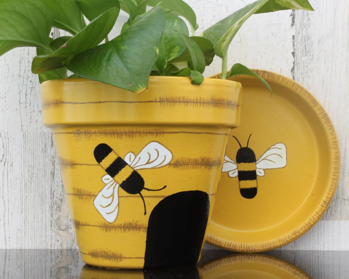 Painted Bee Hive Planter Pot/yellow Flower Pot With Drainage - Etsy