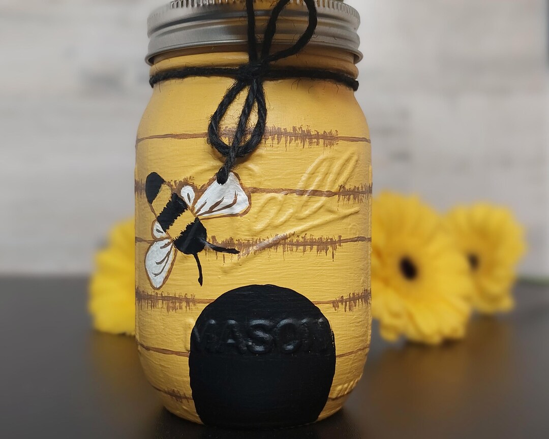 Bee Hive Hand Painted Pint Mason Jar, Bee Decor, Yellow Vase, Bee Hive ...