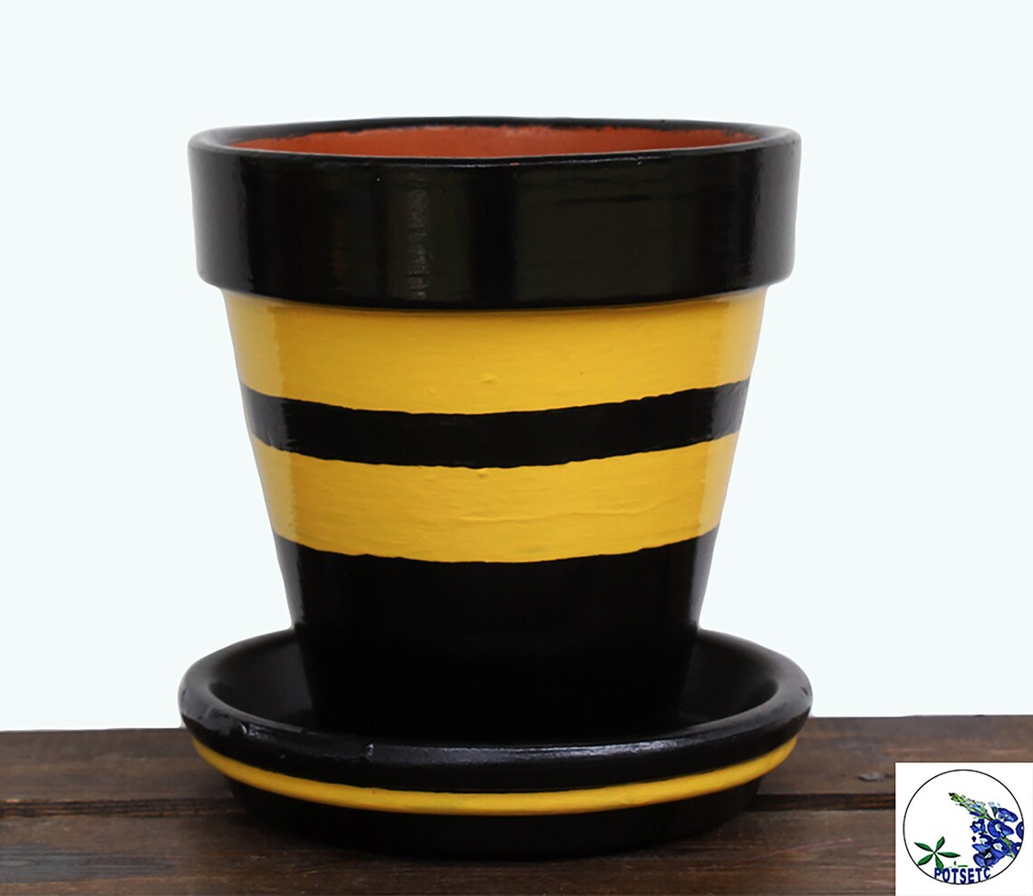Yellow Stripe Painted Flower Pot Black and Yellow Modern | Etsy