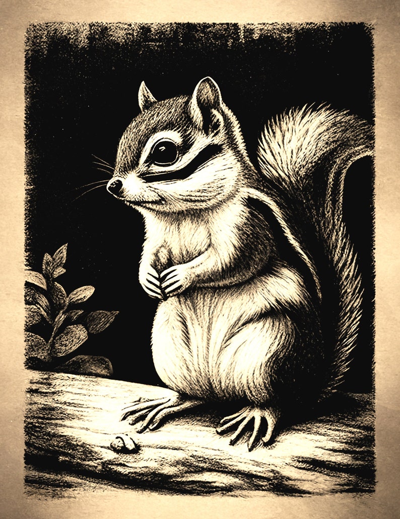 Chipmunk Wood Block Vintage Style Original Art Print, Instant Digital ...