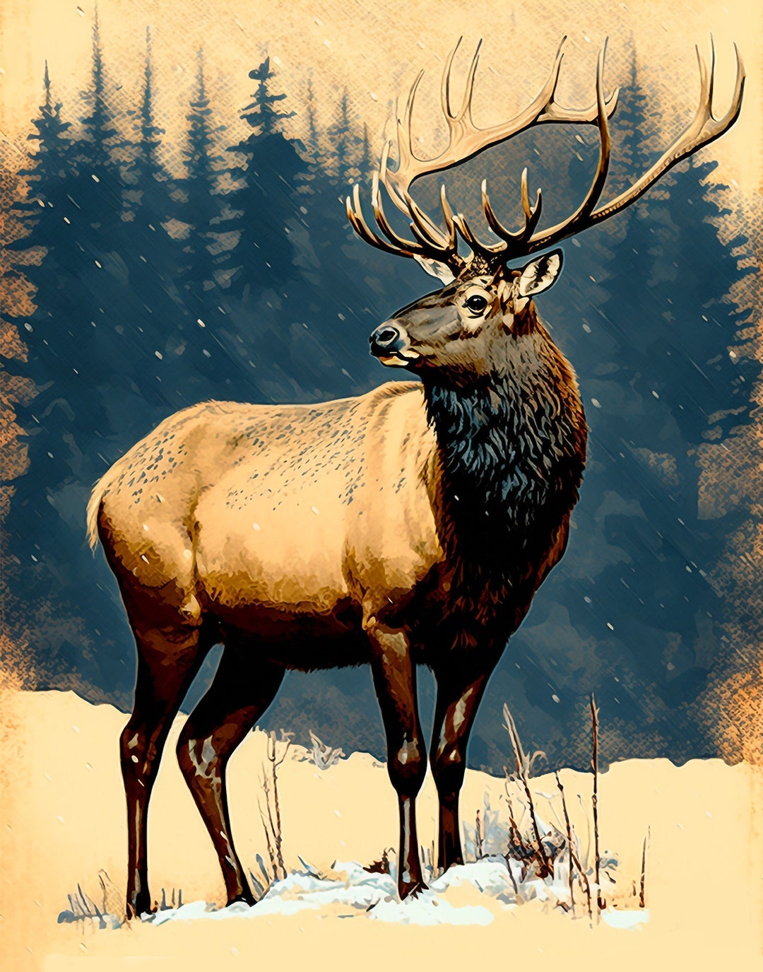 Elk Art | Elk Art Vintage Style Original Art Print | Hunting Art | Elk ...