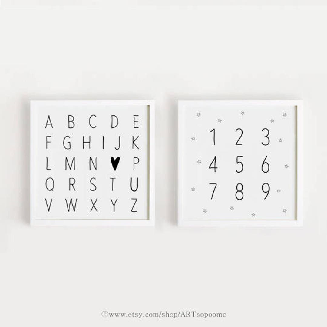 Artsopoomc Square Alphabet Printable ABCD and Numbers Poster Black and ...