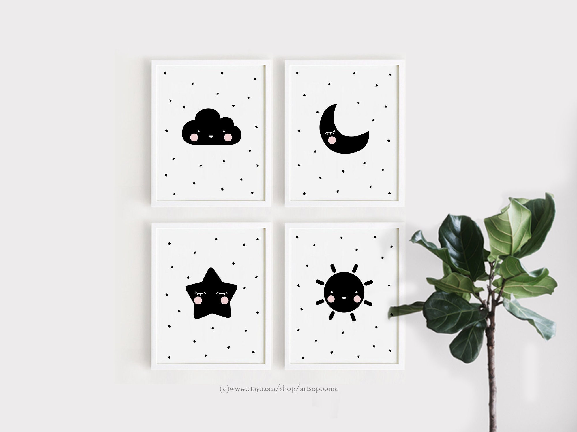 Star Cloud Moon Sun Printable Nursery Art Set of 4 Poster Baby | Etsy