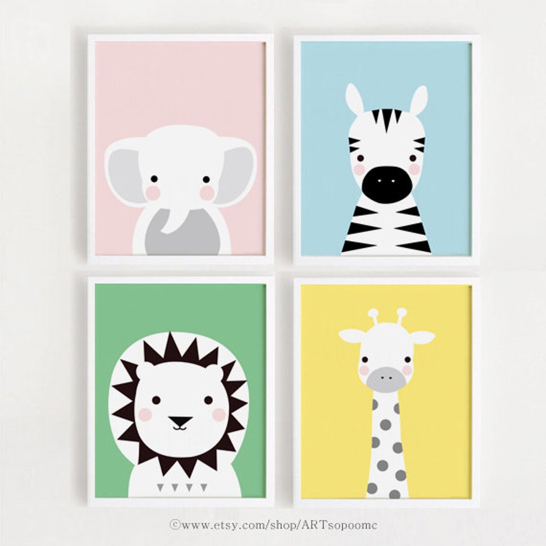 Printable Nursery Art Set of 4 Poster Elephant Giraffe Zebra Lion Baby ...