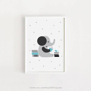 INSTANT DOWNLOAD Reading Print Cute Elephant Poster Kawaii Illustration ...