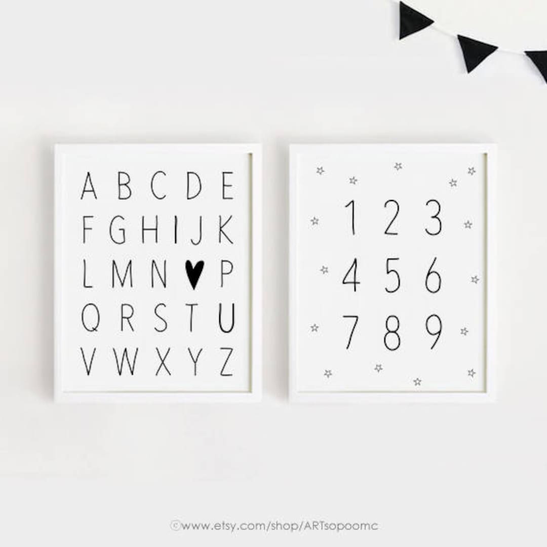 Printable Alphabets and Numbers Poster Black and White Abcd Wall Art ...