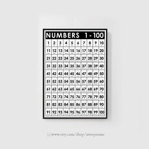 Numbers Chart 1-100 Printable Poster Class Room Wall Decor Prints Black ...