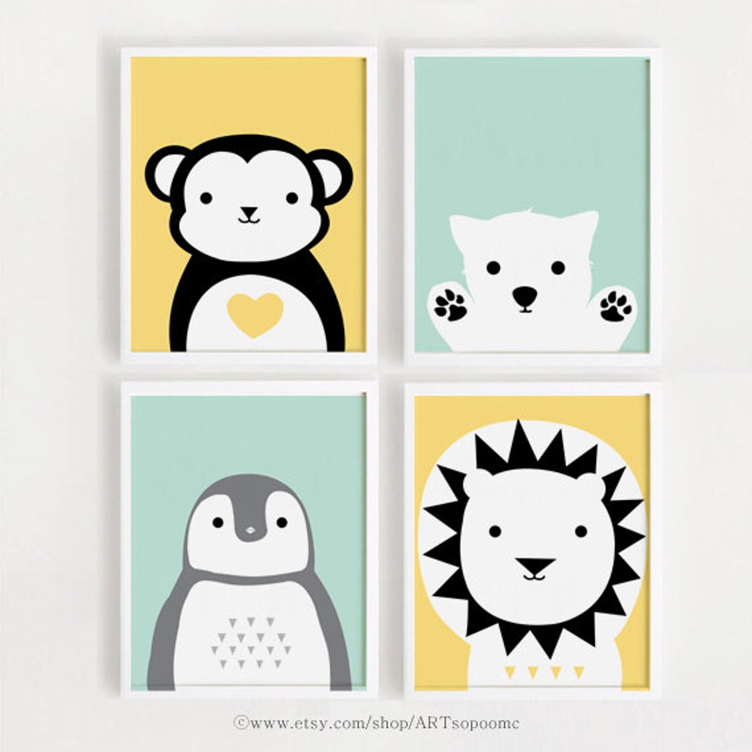 Printable Nursery Art Set of 4 Monkey, Penguin, Lion, Puppy Animals ...
