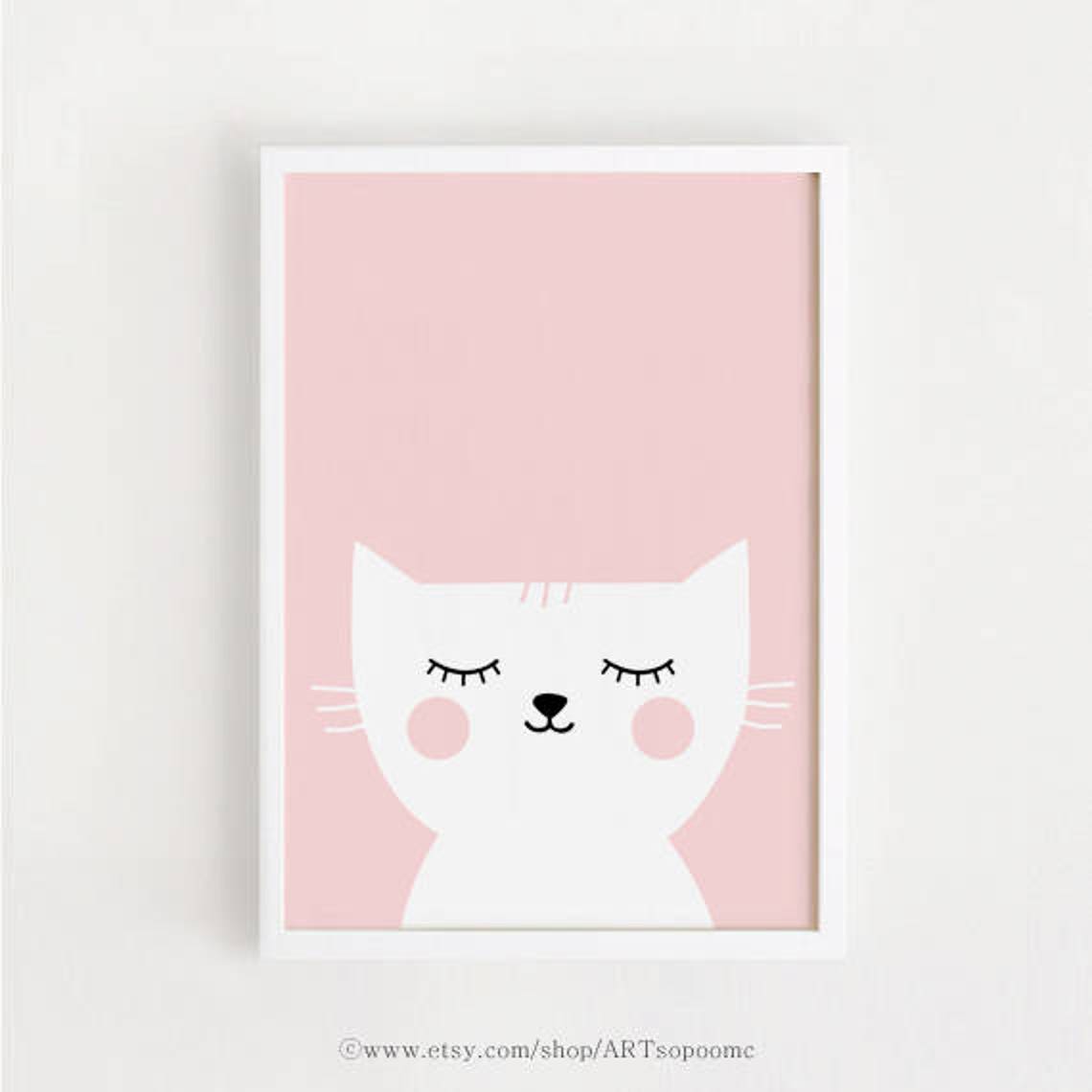 Printable Nursery Wall Art Pink Cat Print Baby Girls Room | Etsy