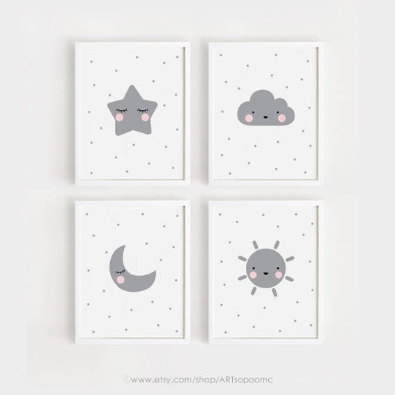 Star Cloud Moon Sun Printable Nursery Art Set of 4 Poster Baby | Etsy