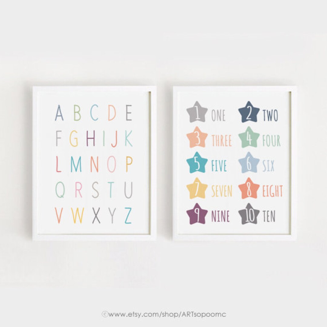 Printable ABC and 123 Alphabets and Numbers Poster Nursery Wall Art Set ...