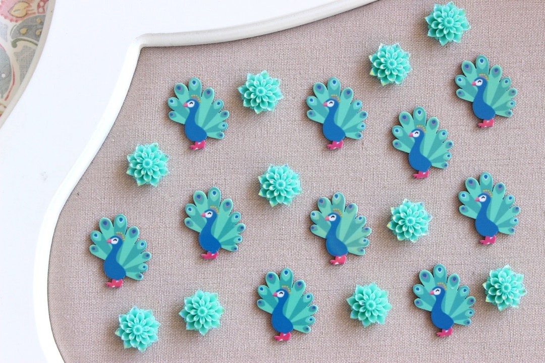 Turquoise Peacock and Sparkly Resin Flower Push Pins, Peacock ...