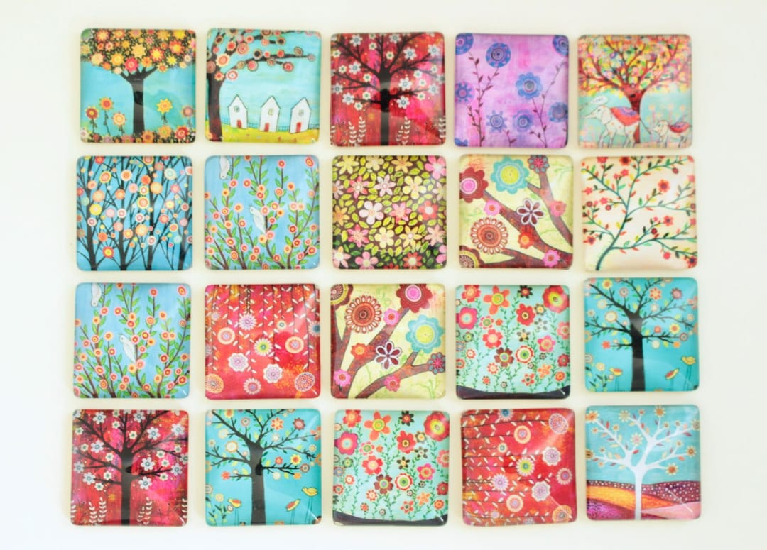 25mm 12 Pcs Square Tree Glass Magnet Set, Strong Glass Magnets, Tree of ...