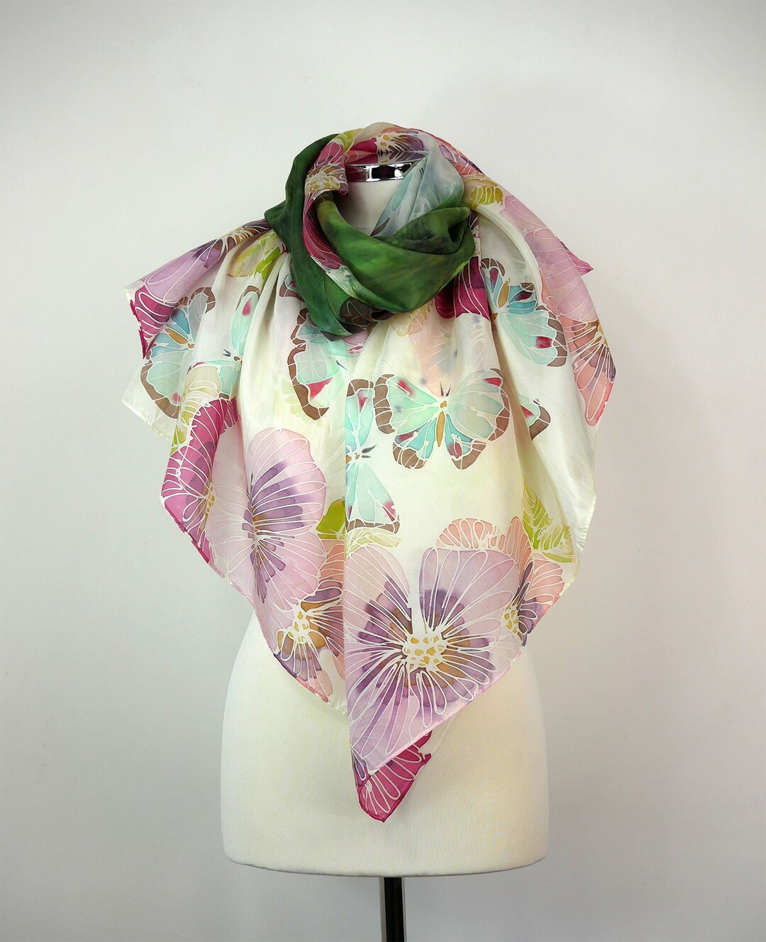 Large Green Silk Scarf Green Garden Hand Painted Silk Shawl Floral Silk ...