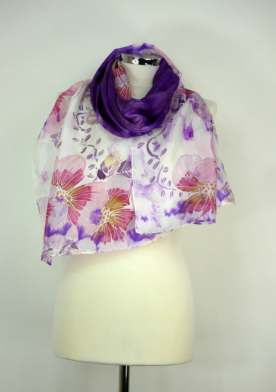 Purple Floral Silk Scarf Purple Flowers Hand Painted Silk Scarf Uk ...