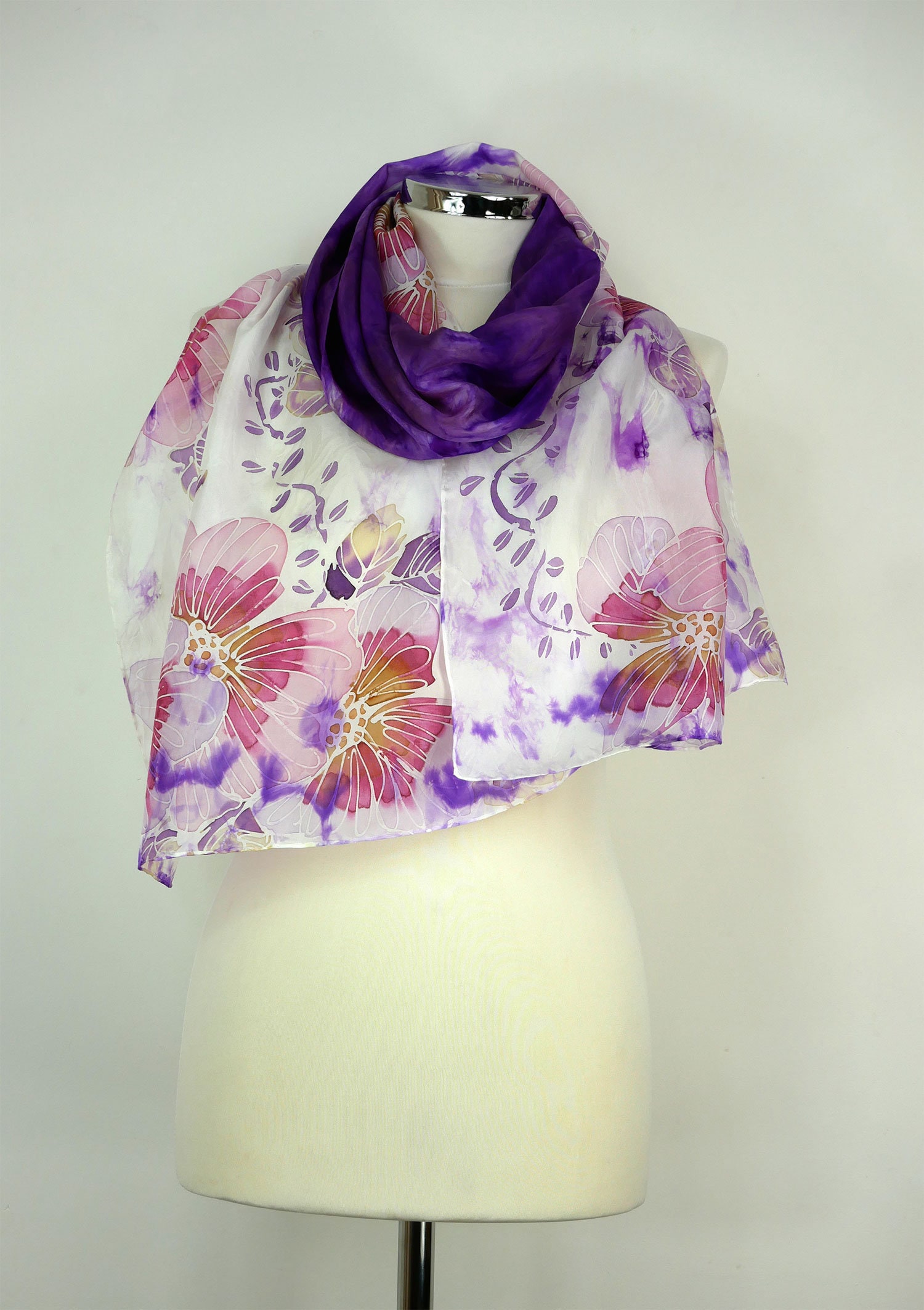 Purple Floral Silk Scarf Purple Flowers Hand Painted Silk Scarf Uk ...