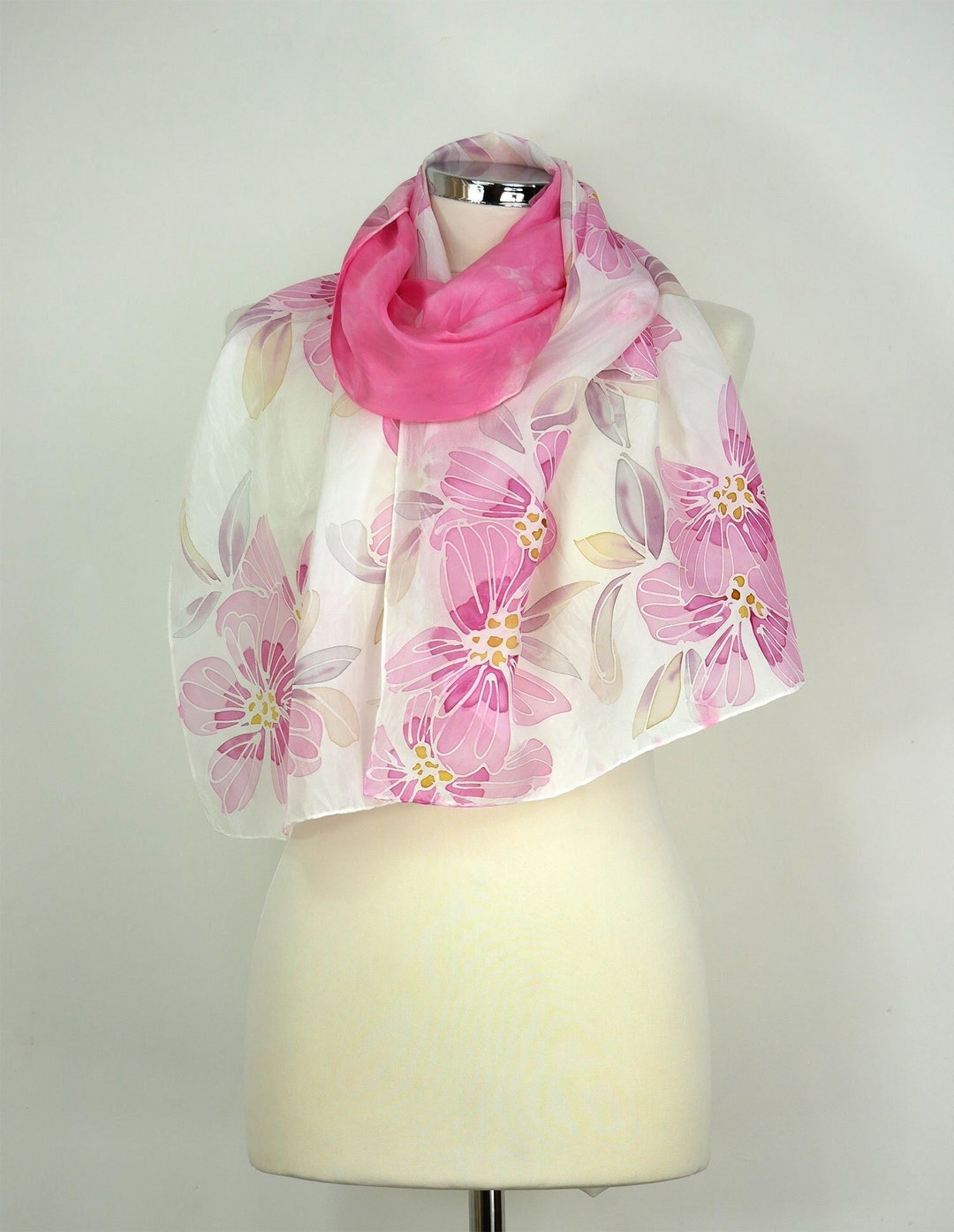 Pink Silk Scarf Women Pink Flowers Hand Painted Silk Scarf Pink Floral ...