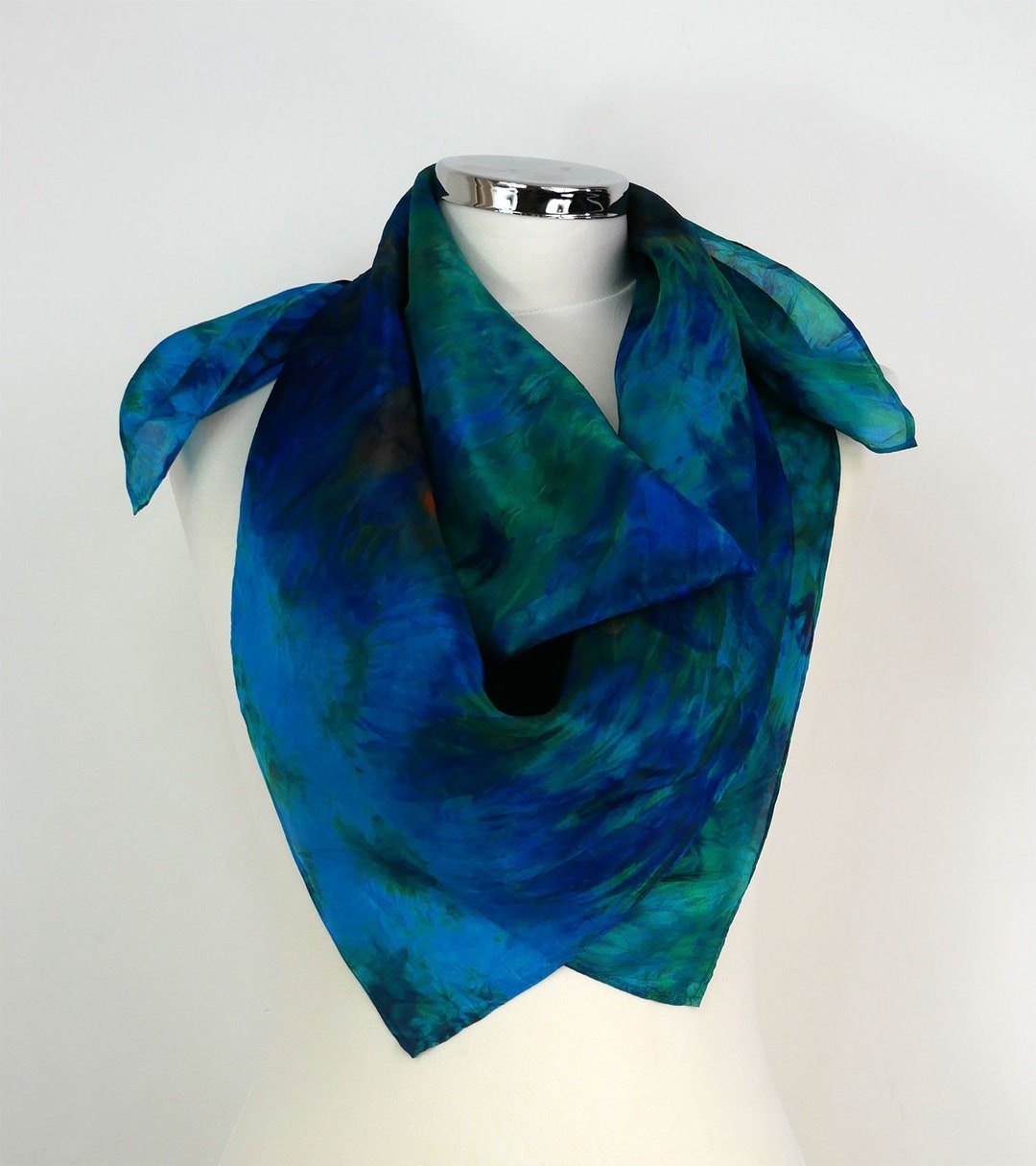 Blue Silk Scarf Square Women Ocean Escape Orange Brown Green Blue Silk ...