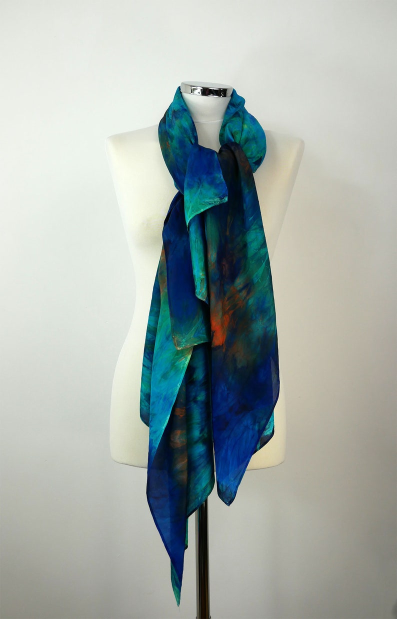 Blue green silk scarf Ocean Escape Large blue shawl Blue silk | Etsy