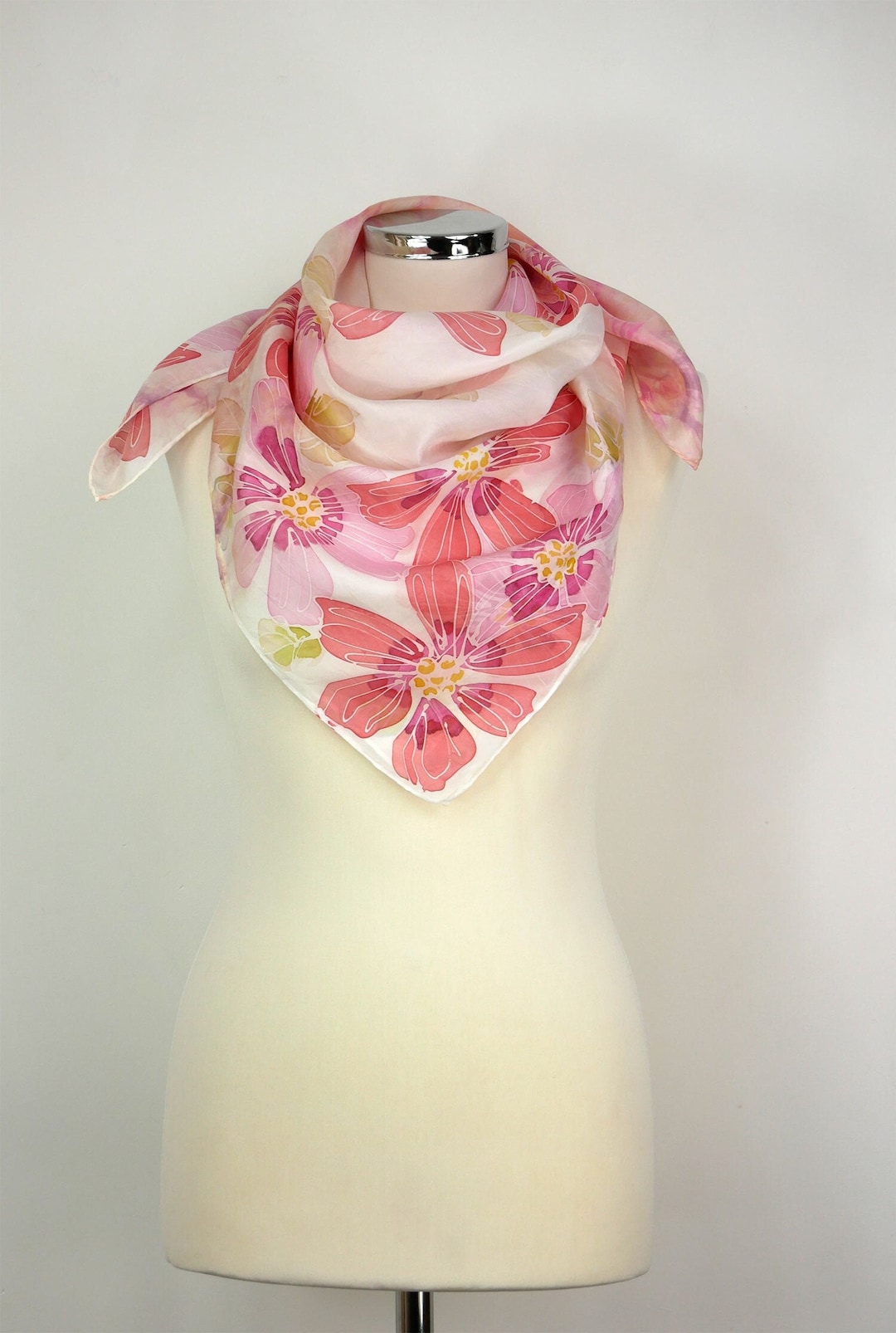 Peach Pink Silk Scarf Square Peach Flowers Floral Silk Scarf Hand ...