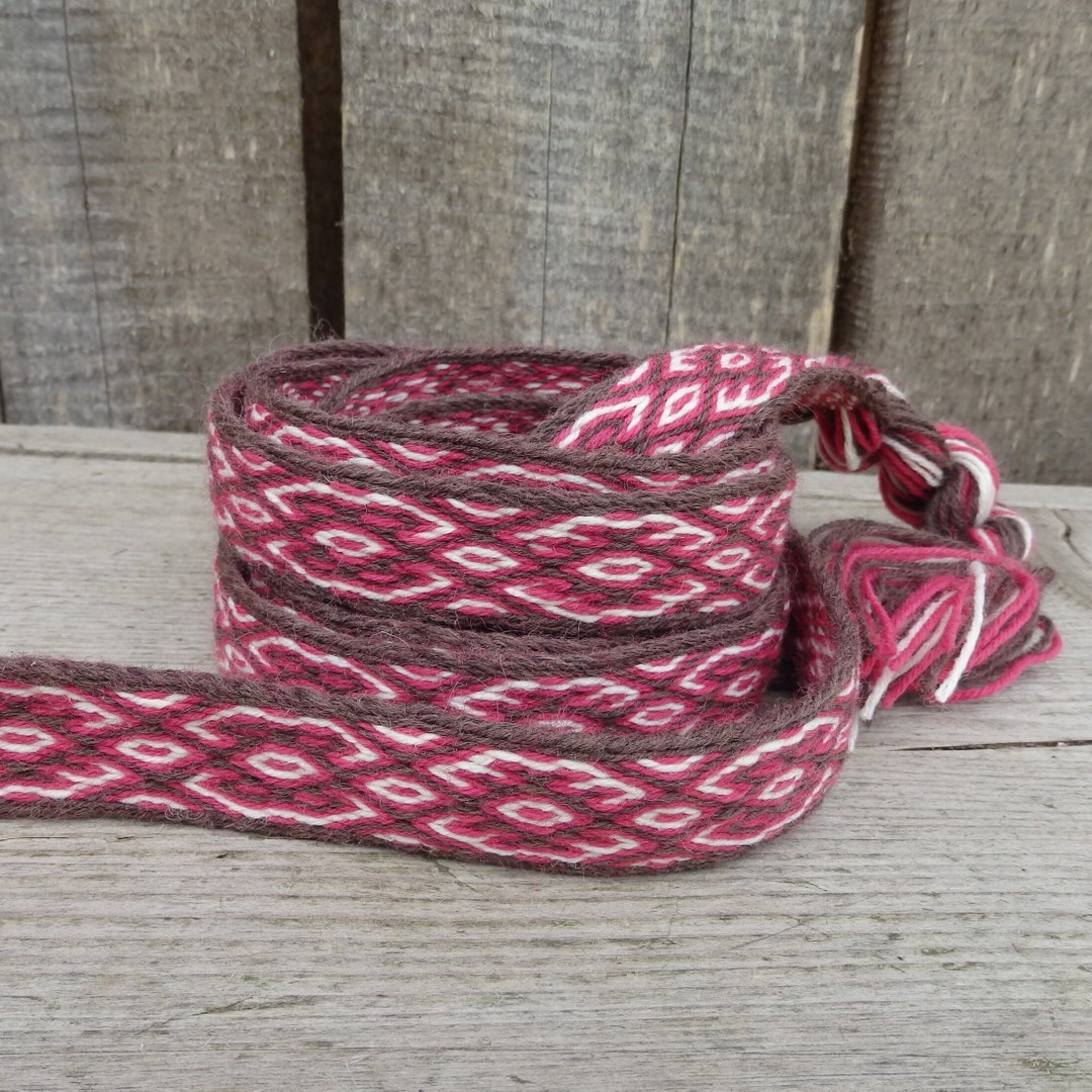 Tablet Weaving Woven Belt, Pink White Wool Historical Belt, Handmade ...