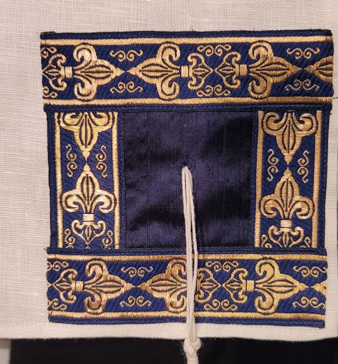 White Linen and Navy Silk Tallit With Gold Fleur De Lis Detail - Etsy