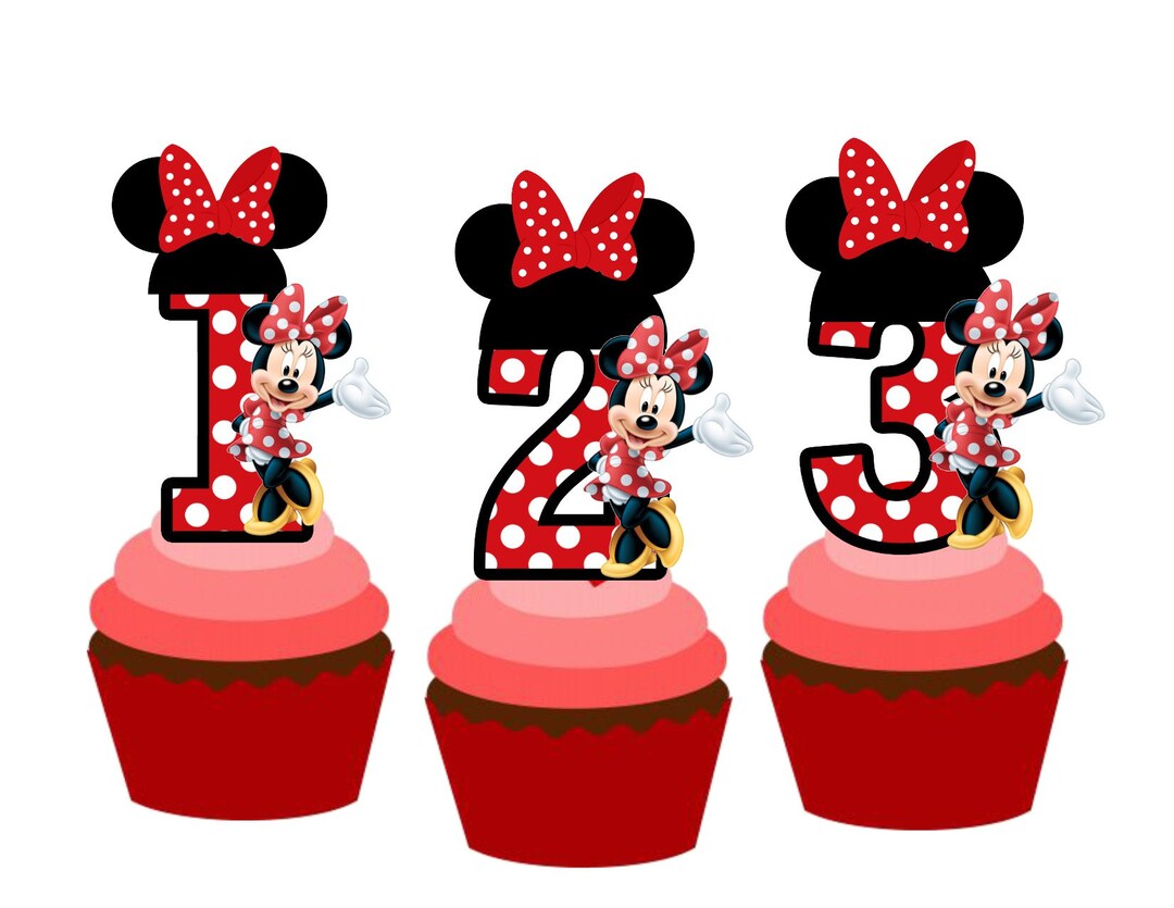 Red Minnie Birthday Cupcake Toppers, Cakepop Toppers, Cupcake ...