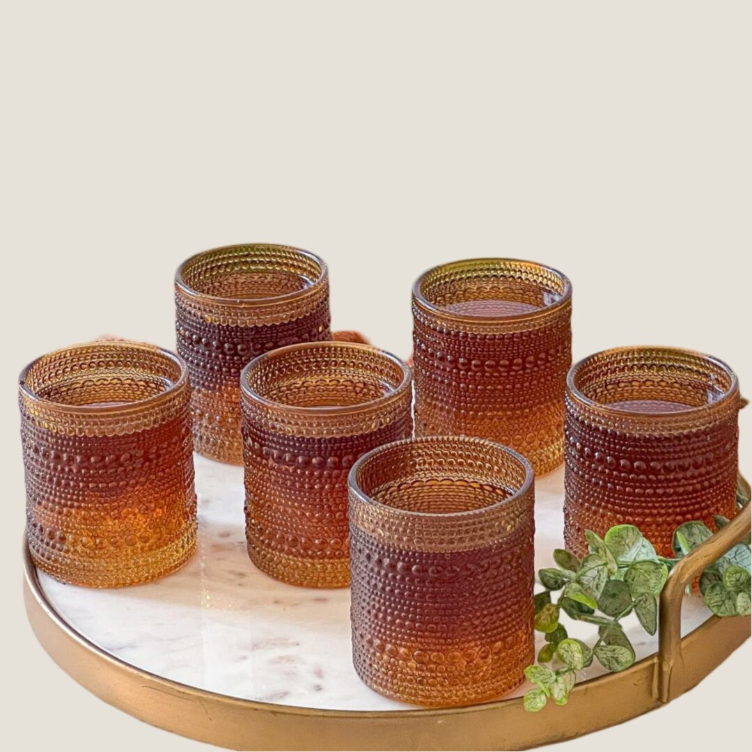 Vintage Amber Hobnail Tumblers – Set of 6, Modern Boho Beaded Glassware ...