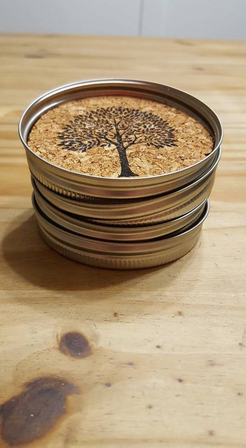 Tree Stamped Cork Coasters - Mason Jar Lid - Farmhouse Decor - Etsy