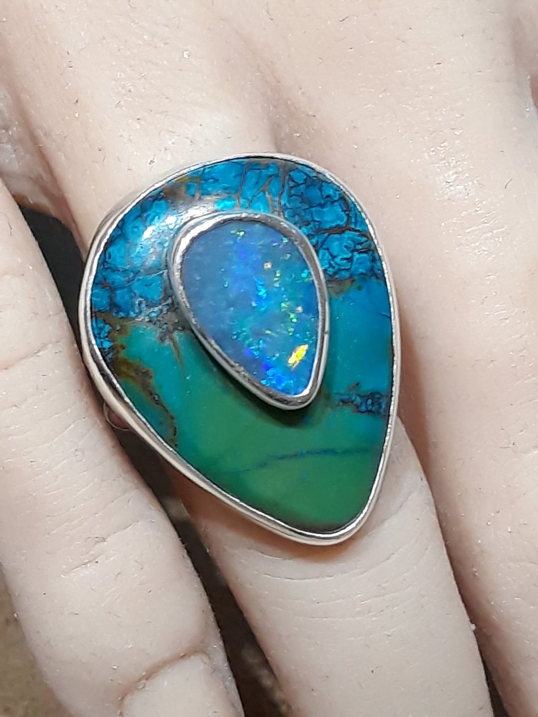 Chrysocolla and Australian Boulder Opal and Sterling Silver Ring, One ...