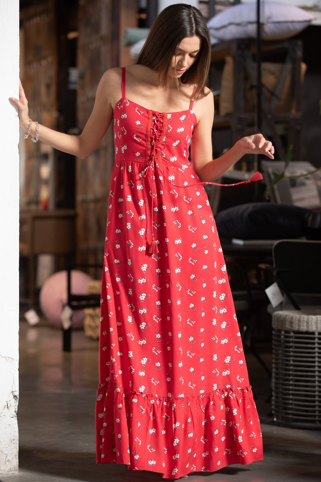 Red Floral Evening Women Long Summer Maxi Dress, Bohemian Sleeveless ...