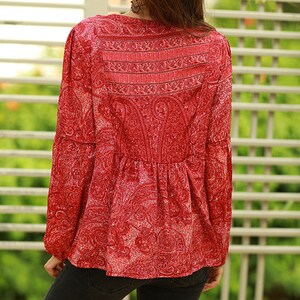 Raspberry Red Bohemian Women's Blouse, Hippie Trendy Paisley Women Top ...