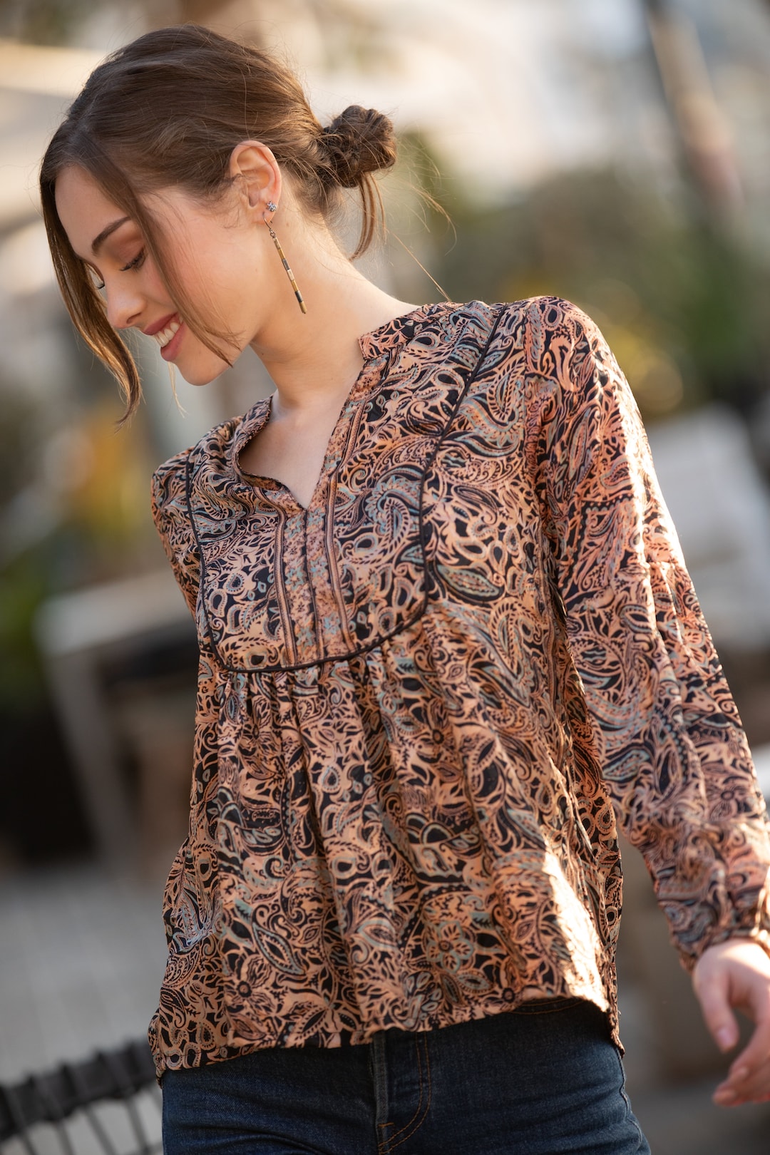 Boho Chic Ethnic Puffed Sleeves Loose Top for Women, Urban Casual Long ...
