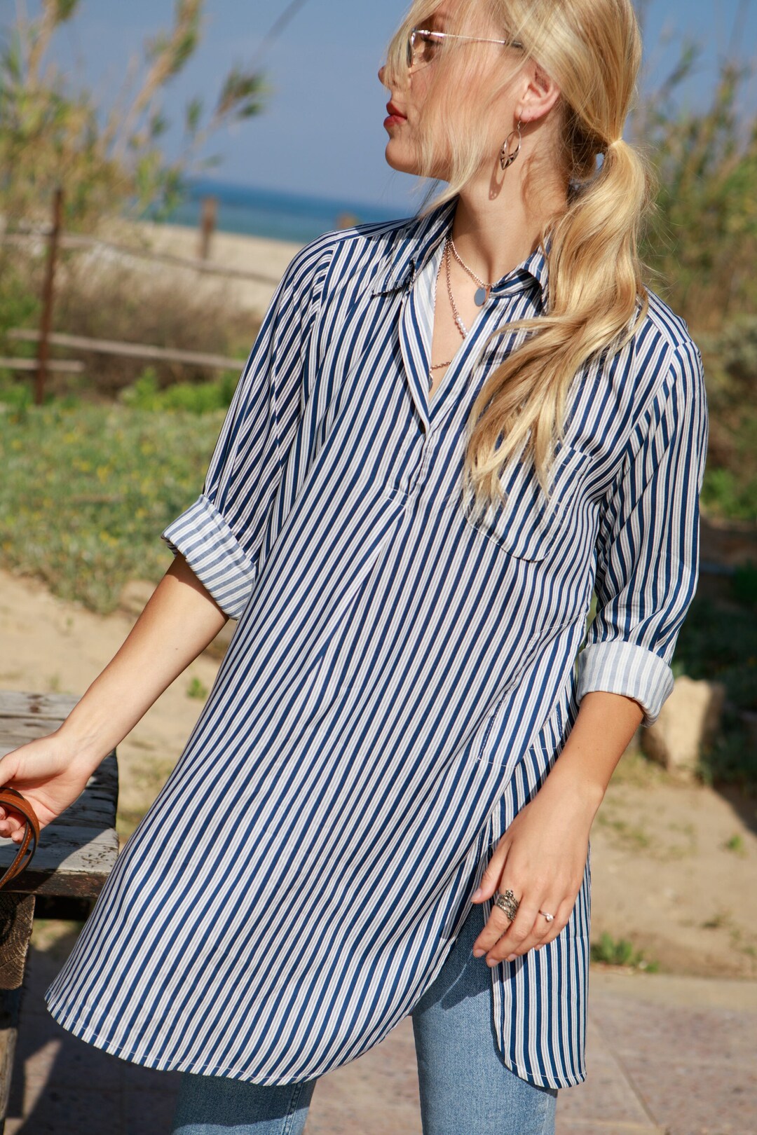 Blue Striped Oversize Boyfriend Beach Tunic Shirt Dress, Collared Long ...