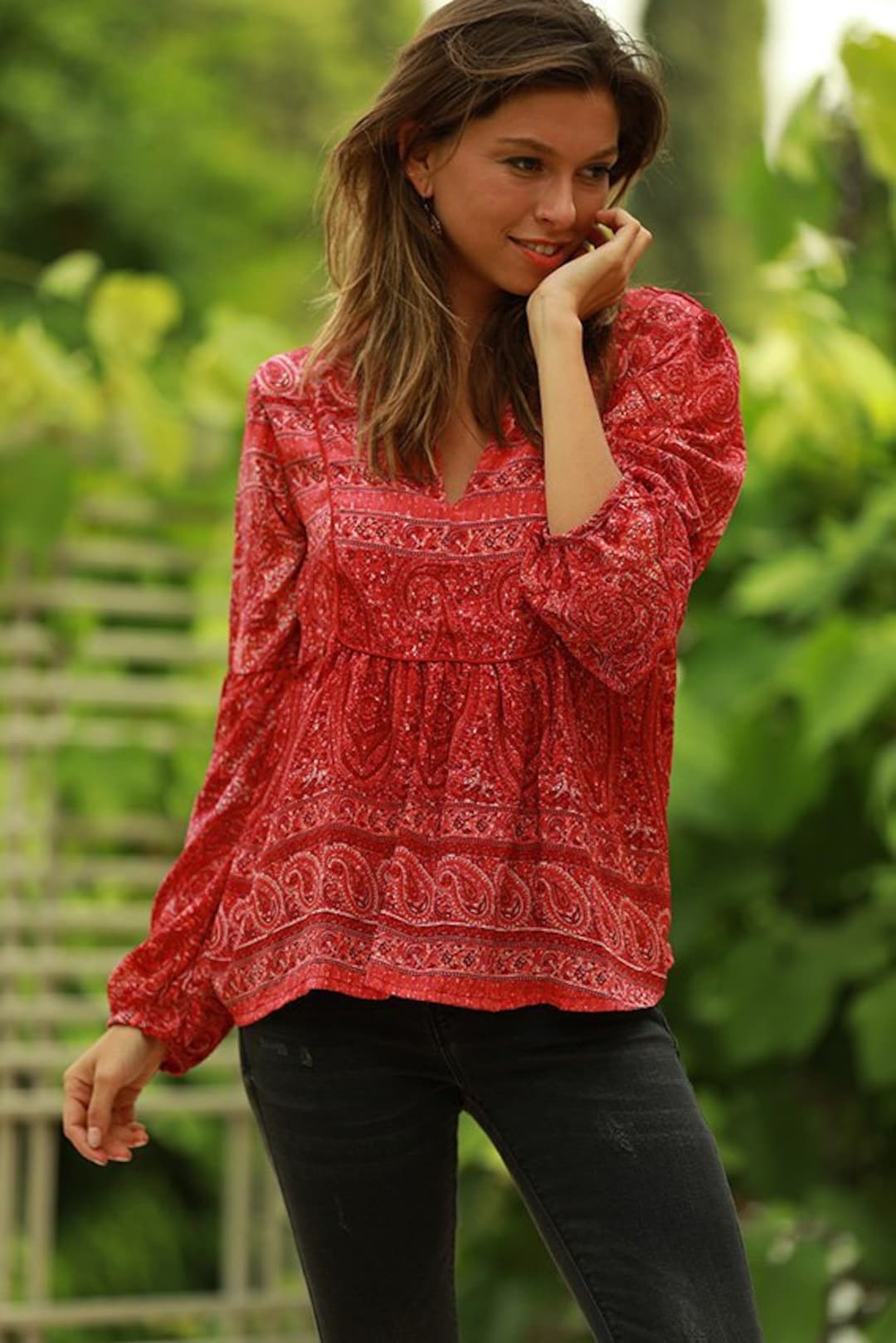 Raspberry Red Bohemian Women's Blouse, Hippie Trendy Paisley Women Top ...