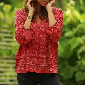 Raspberry Red Bohemian Women's Blouse, Hippie Trendy Paisley Women Top ...