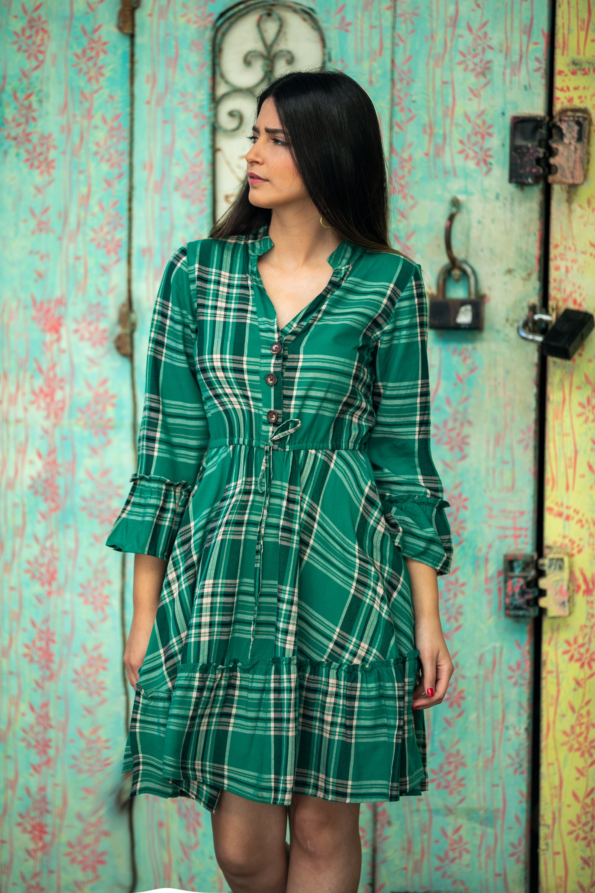 Green Plaid Collared Buttoned Dress Winter Spring Long | Etsy