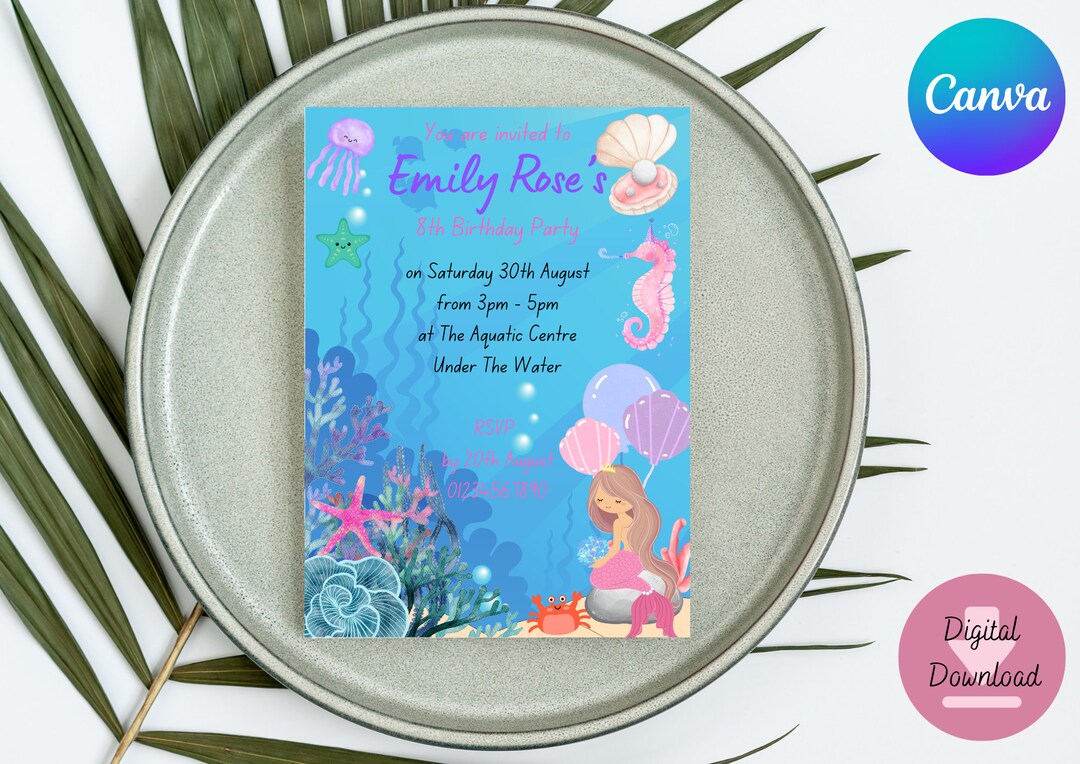 Digital Mermaid Sea Theme Party Invitation Template Mobile Invite E ...