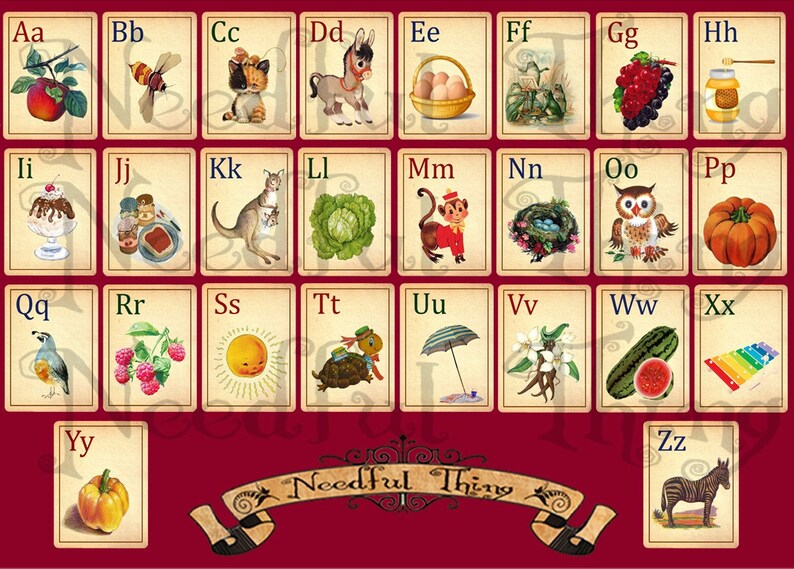 Vintage Old Paper Alphabet Abc Cards Child Children School Illustrated ...