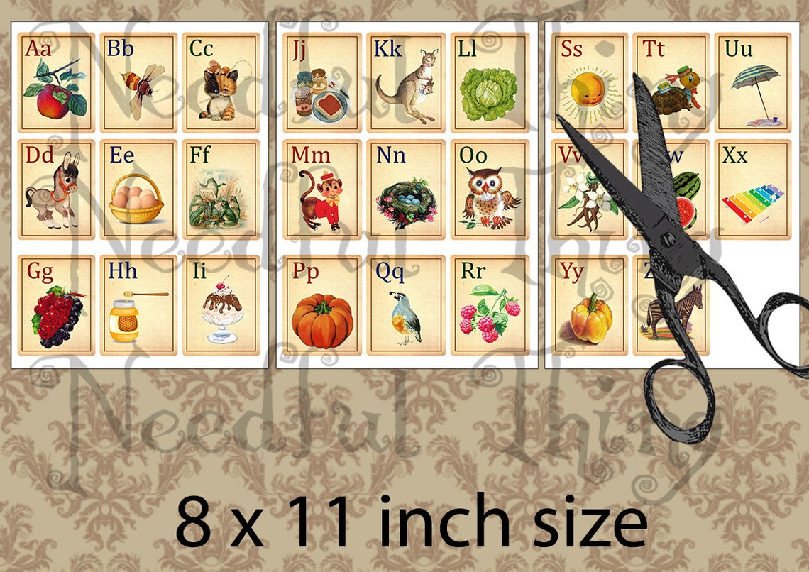 Vintage Old Paper Alphabet Abc Cards Child Children School Illustrated ...